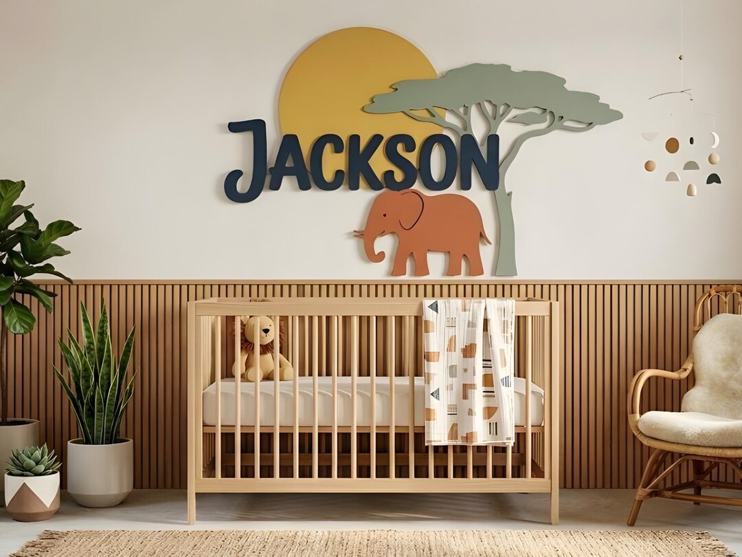 Safari Elephant Baby Name Sign Above Crib, Wooden Nursery Name Sign ...