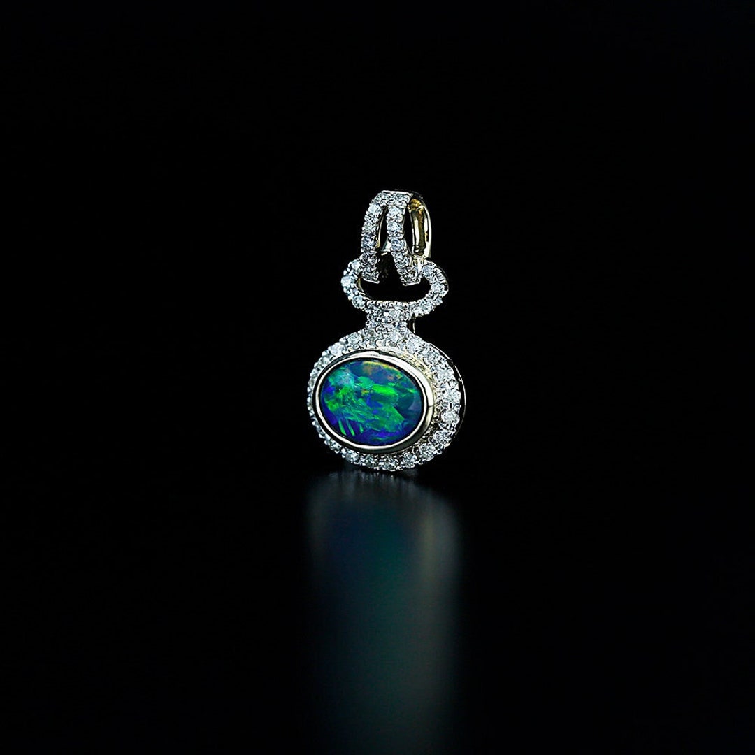 Opal Gold Pendant Oval East West Halo Pave Diamond Bail 14K Gold ...