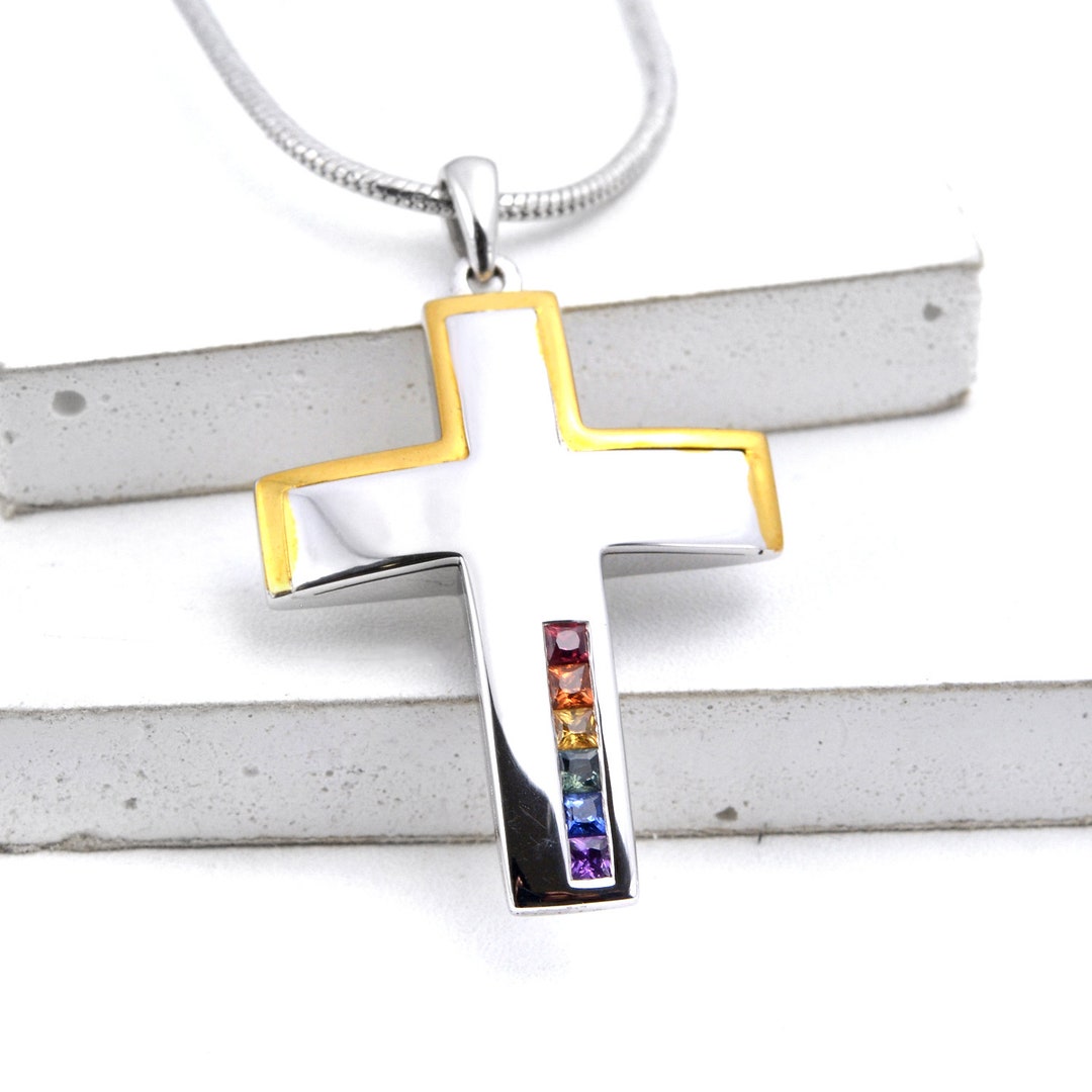 Rainbow Sapphire Cross Pendant | 14K Two-tone Gold | Baptism Gift for ...