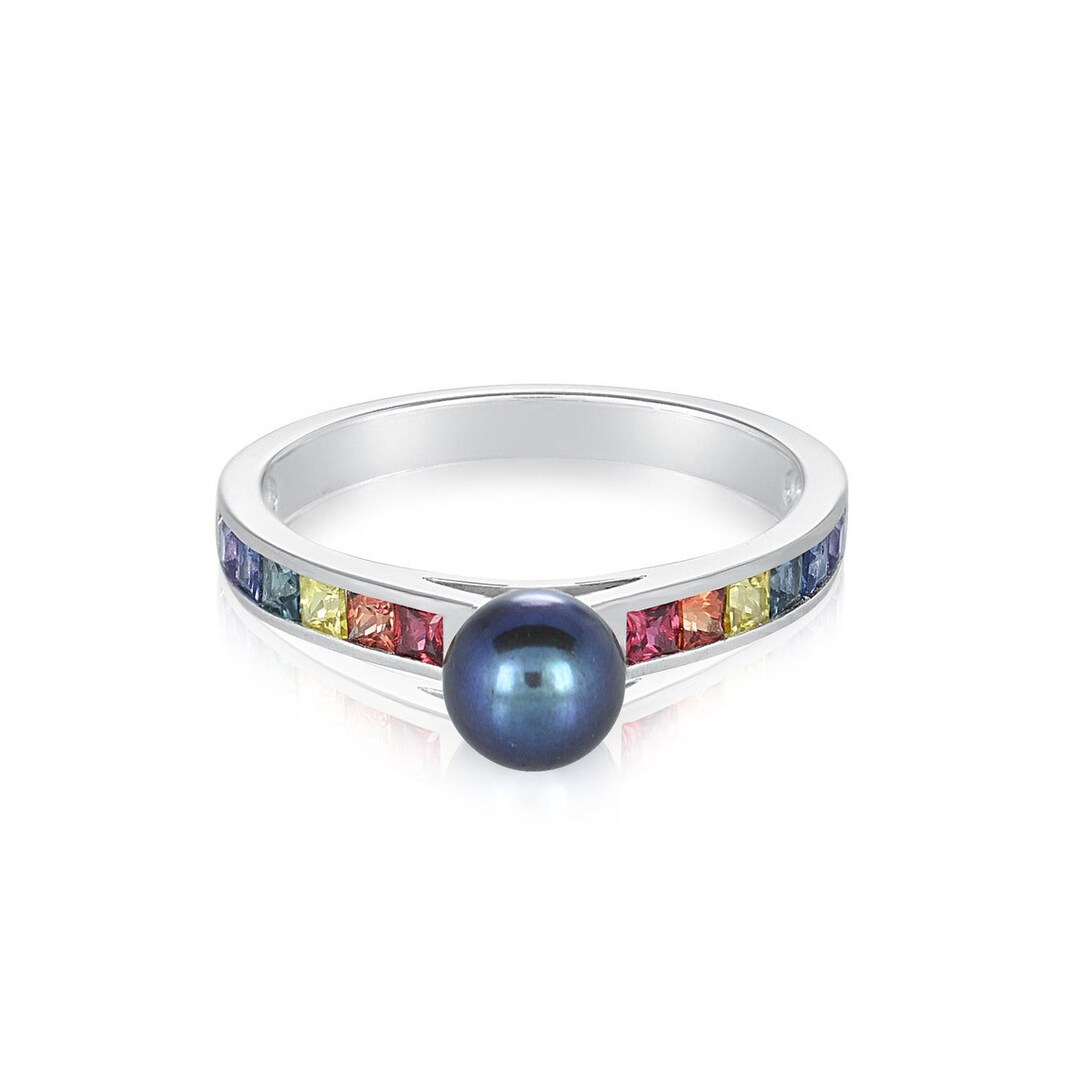 Tahitian Pearl & Rainbow Sapphire Silver Ring | 6mm Pearl Channel Set ...