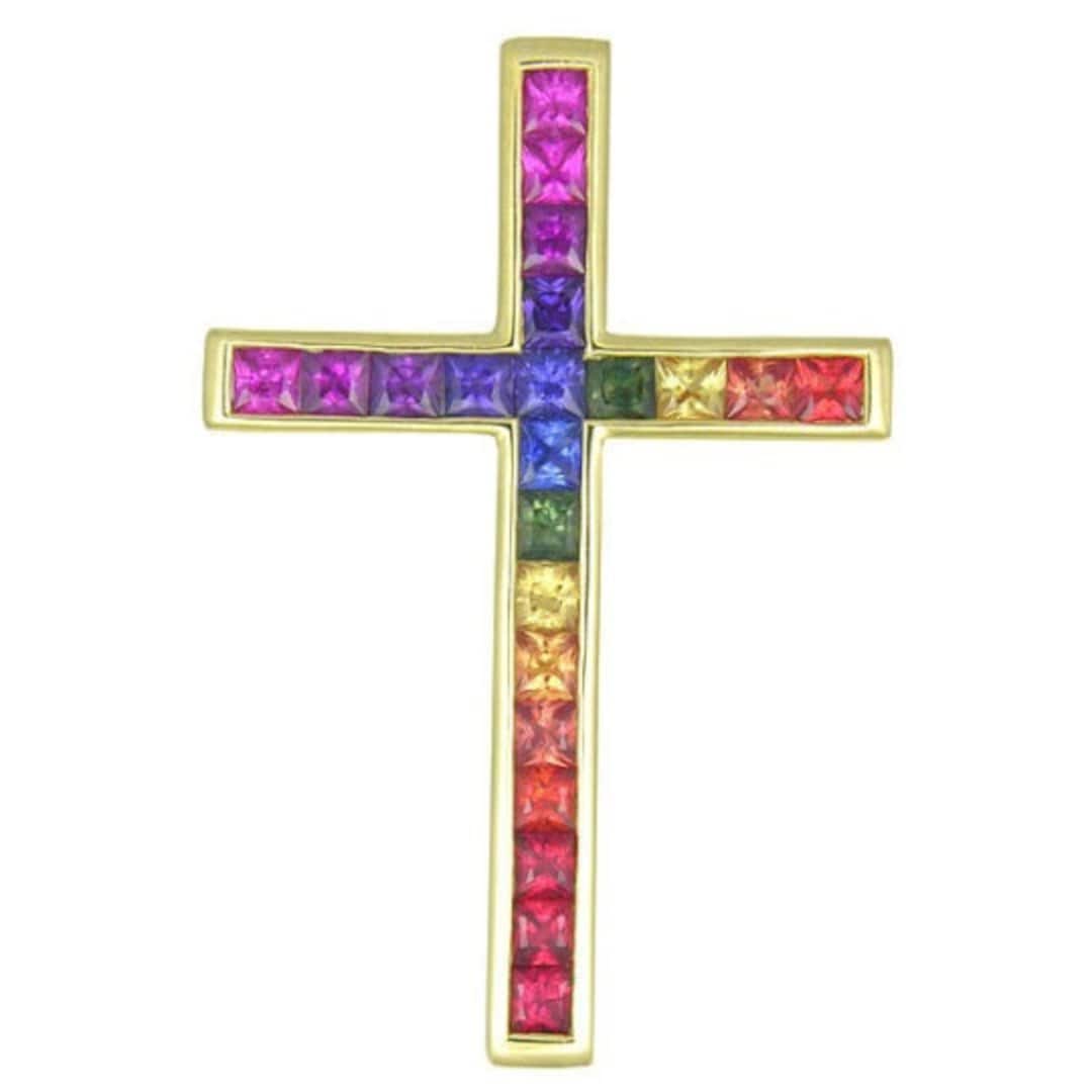 Multicolor Rainbow Sapphire Religious Crucifix Cross Pendant 14K Yellow ...