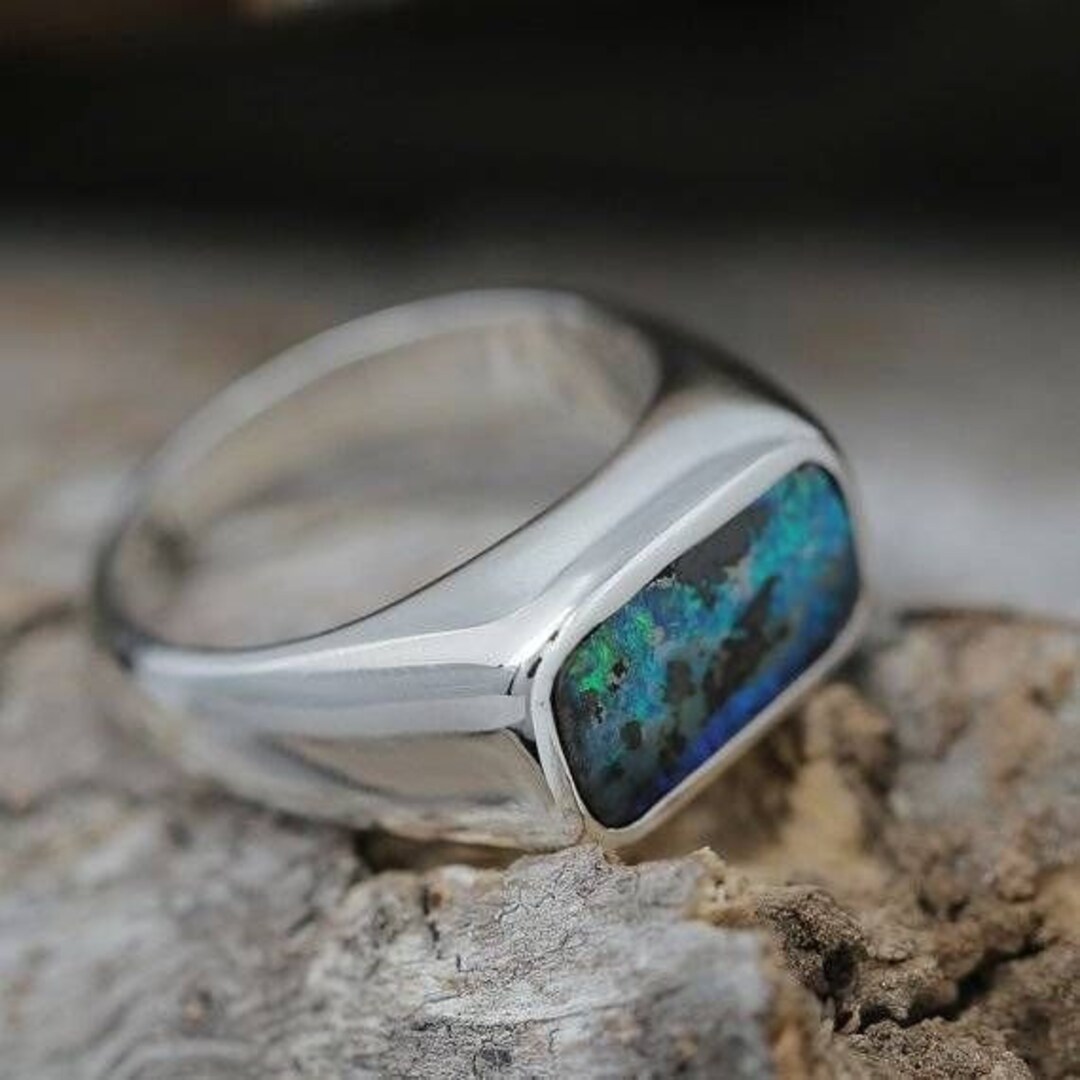 Mens Signet Ring Silver Boulder Opal Ring Western Cowboy Gemstone Man ...
