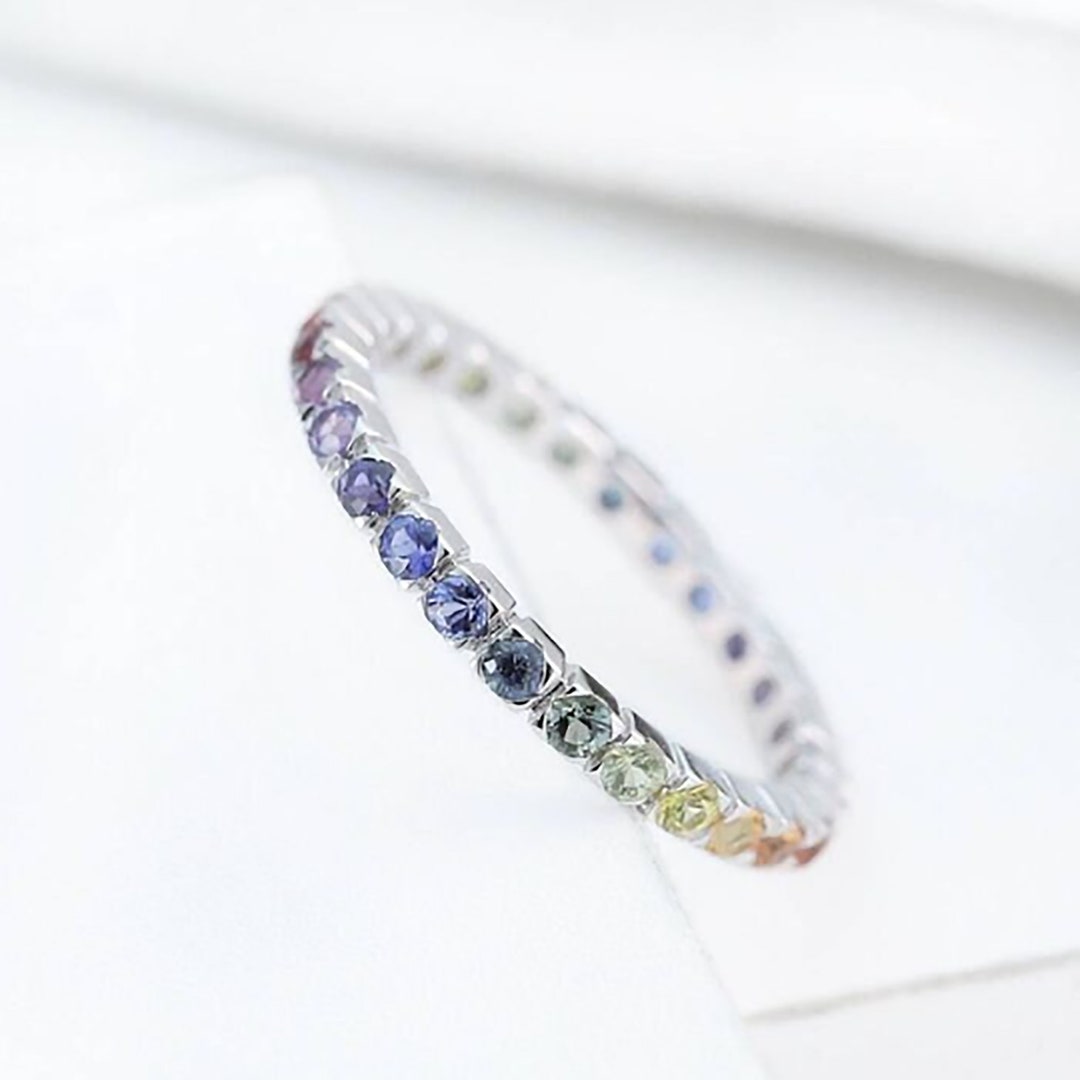 Rainbow Sapphire Ring Multicolor Eternity Sterling Silver Boho Ring ...