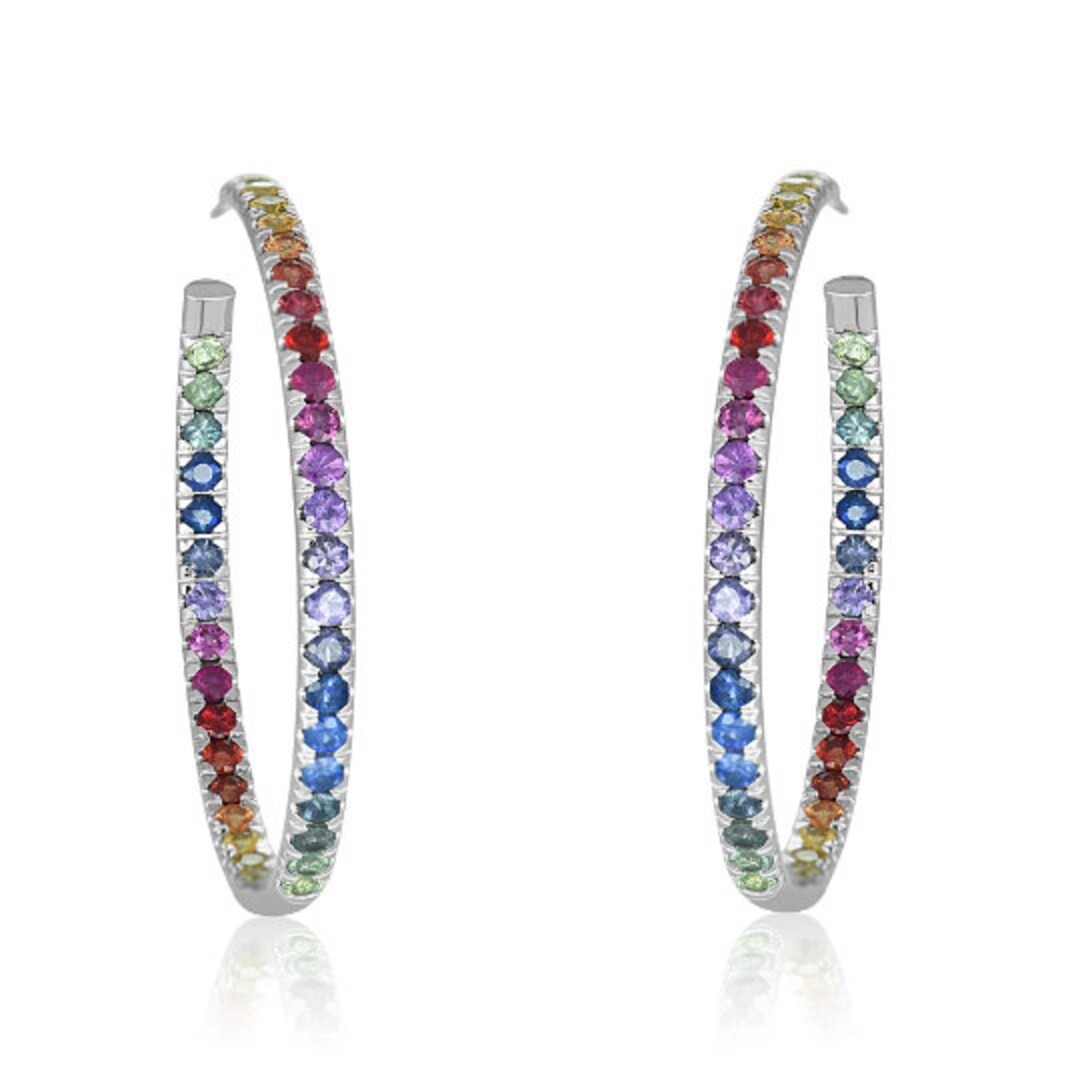 Large Rainbow Sapphire Hoop Earrings | 14K White Gold Inside Outside ...