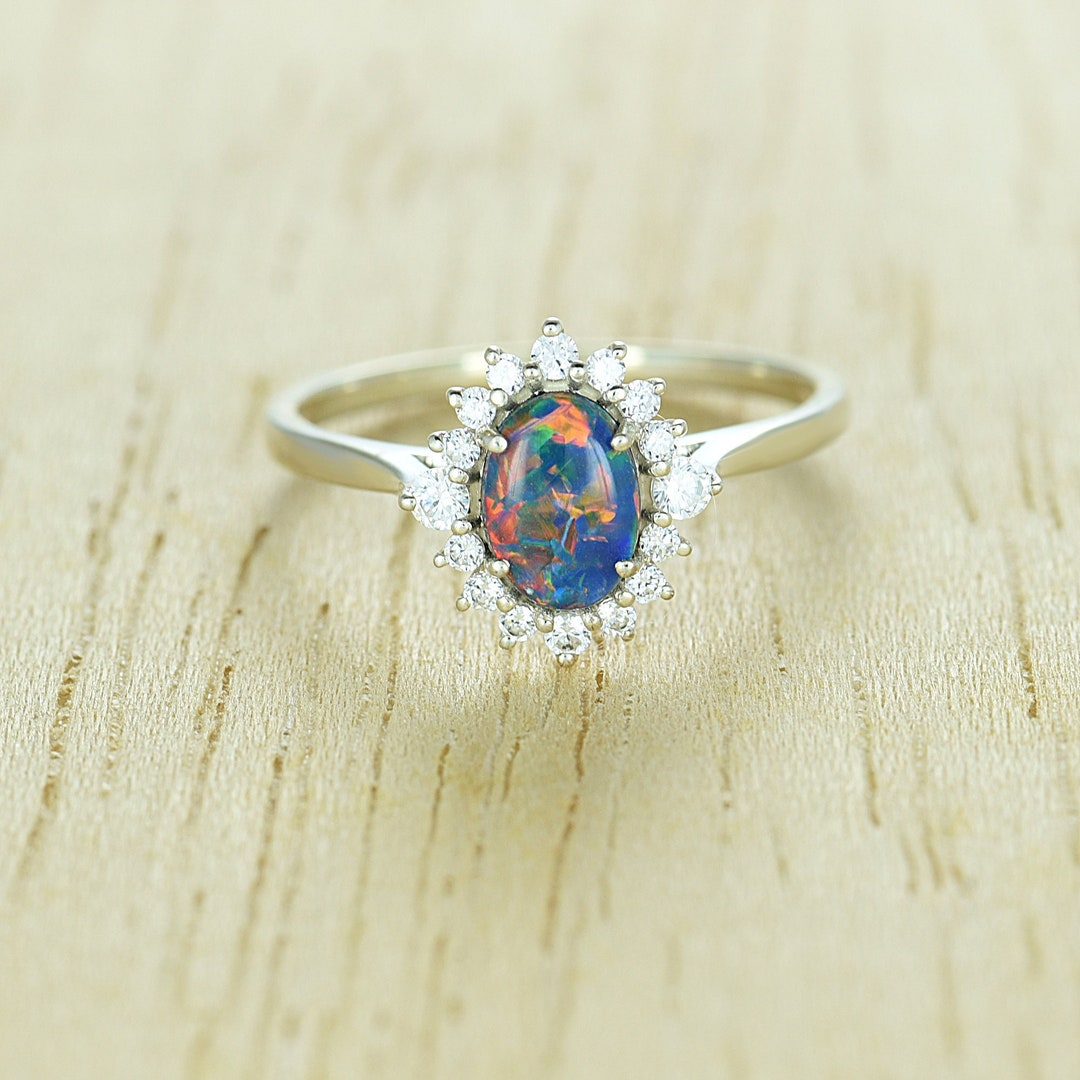 Australian Black Opal CZ Halo Ring Sterling Silver Antique Libra ...