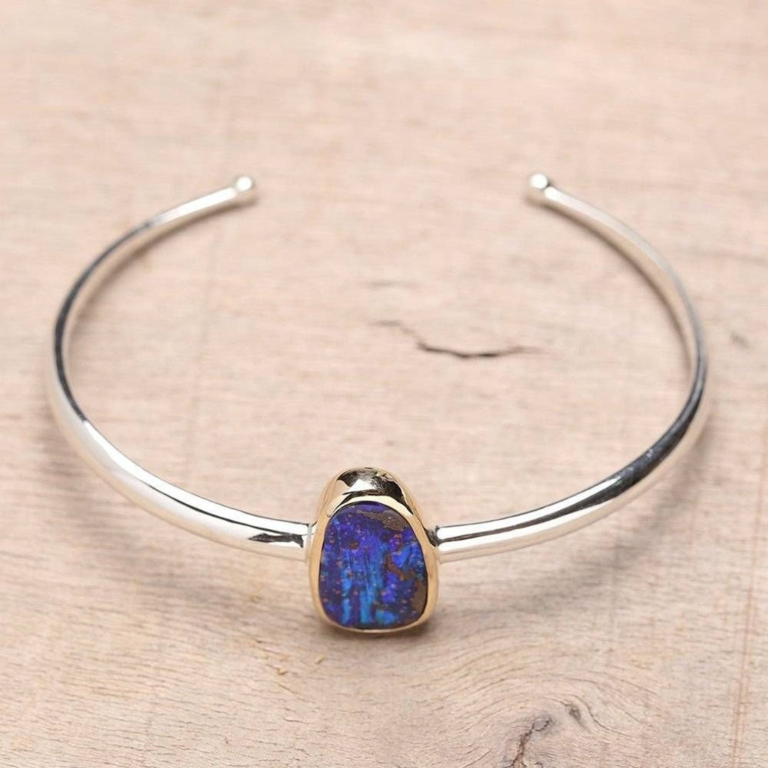 Boulder Opal Bangle 14K Gold and Silver 6.39 Carat Electric Blue ...