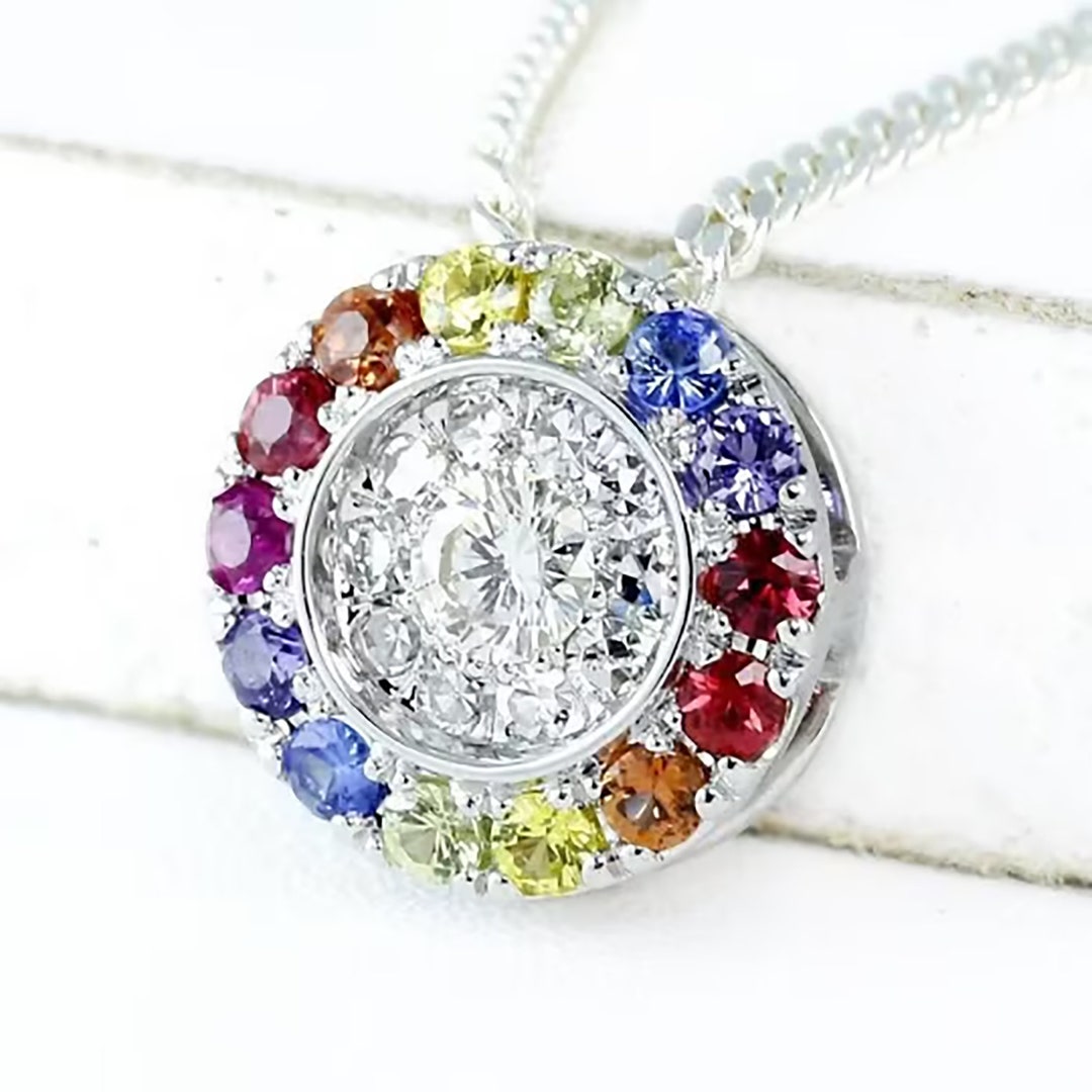 Rainbow Sapphire Diamond Ferris Wheel Pendant 14K White Gold Necklace ...