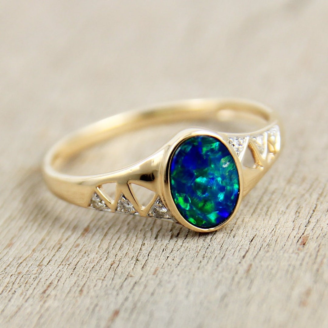 Natürlicher schwarzer Opal- und Diamantring, 14K Gold Opalring, echte ...