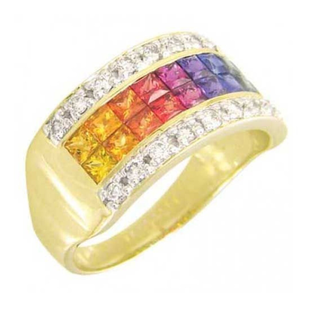 Rainbow Sapphire & Diamond Invisible Set Band Ring 18K Yellow Gold, 2 ...