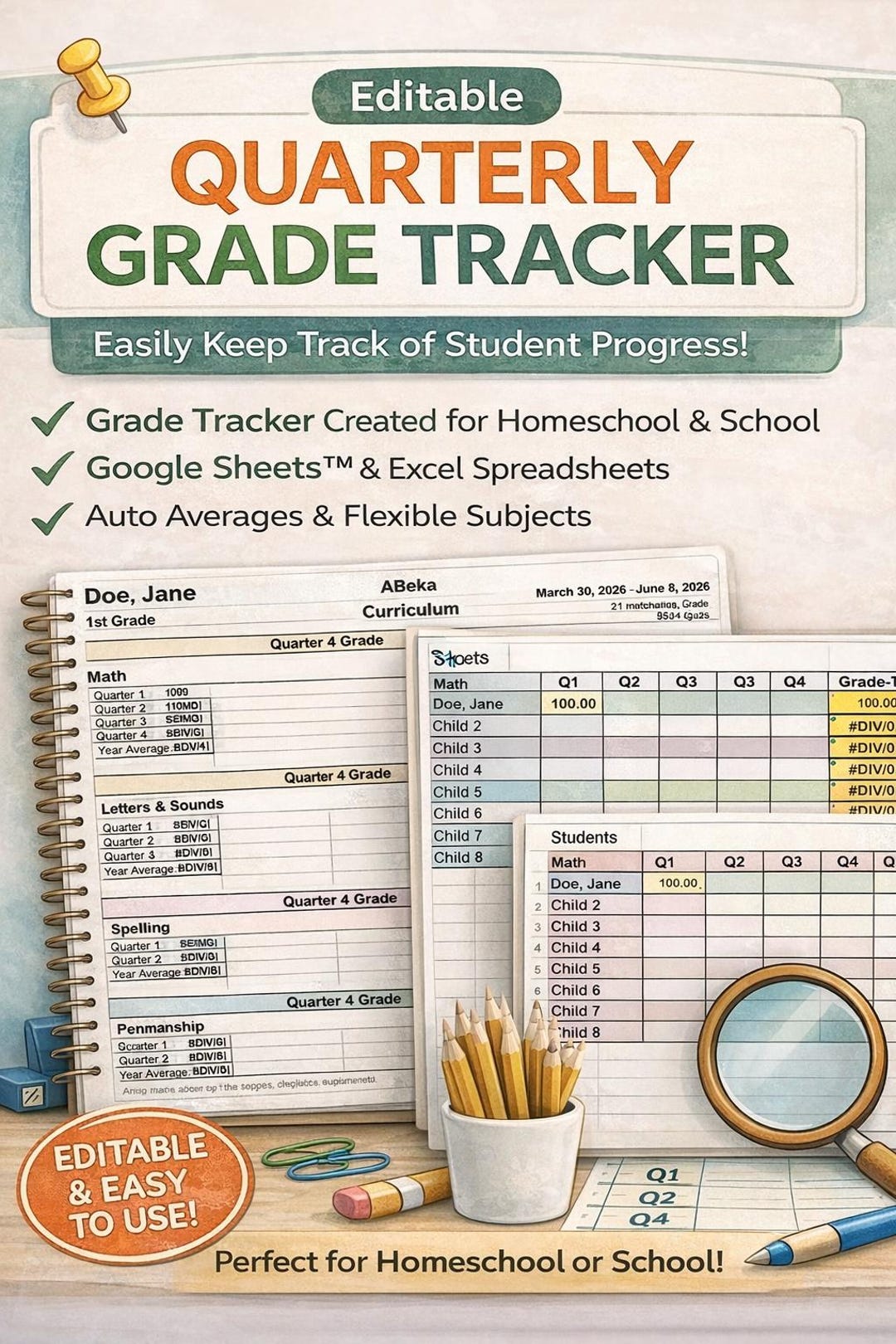 Editable Quarterly Grade Tracker, Keep Track of Grades for Homeschool ...