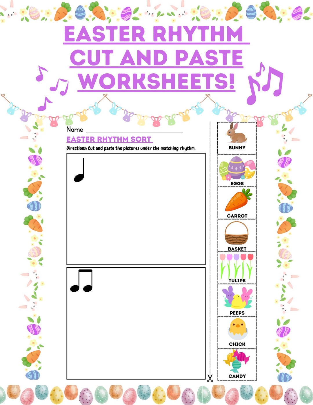 Easter Rhythm Sort Cut & Paste Worksheet - Etsy