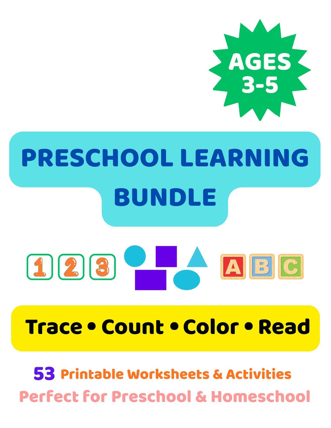 Preschool Learning Bundle | Numbers Shapes Alphabet Worksheets | 53 ...