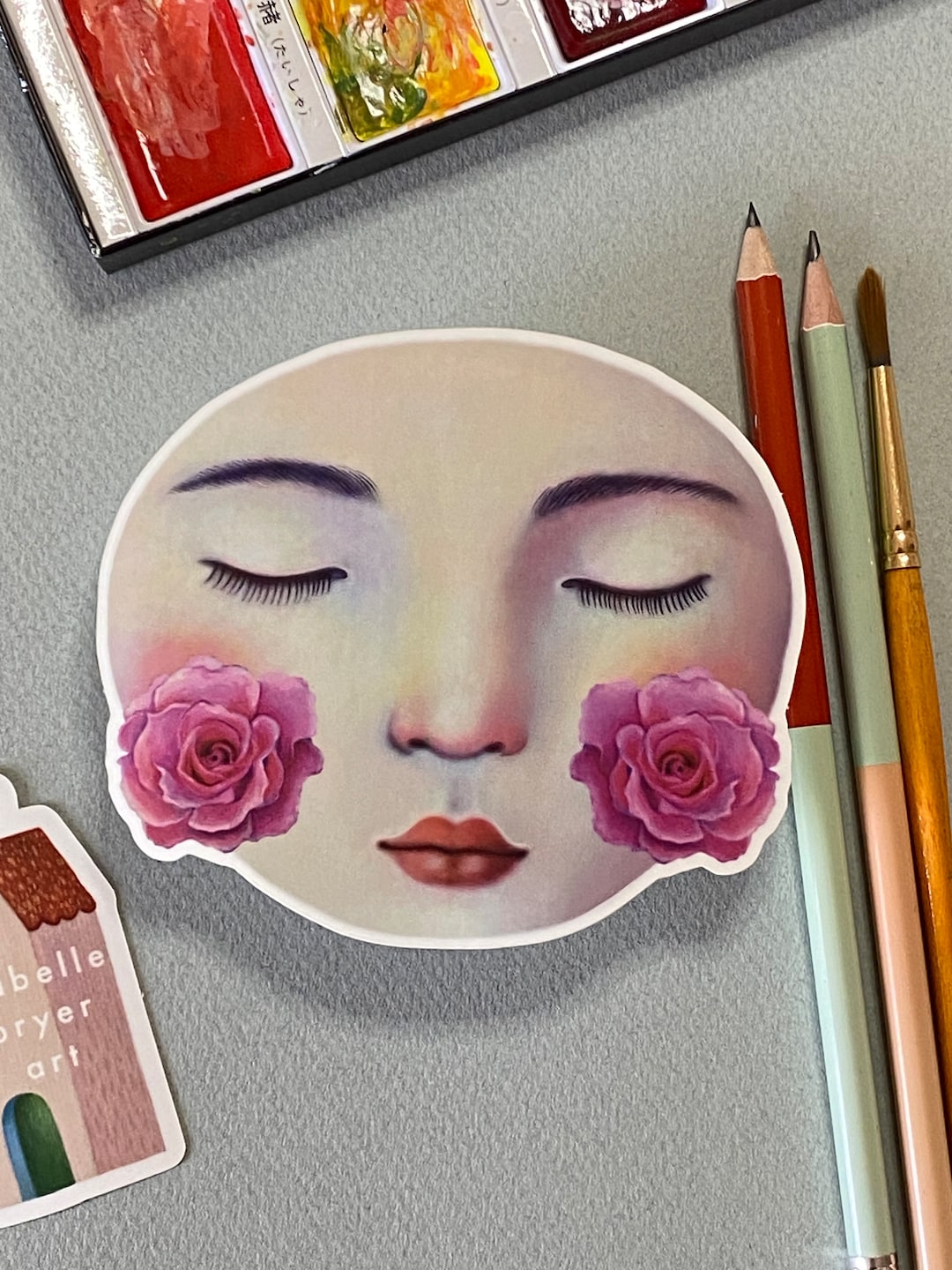Artsy Sticker for Women, Pretty Girl's Face With Roses on Her Cheeks ...