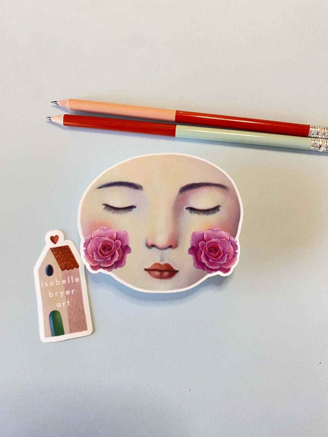 Artsy Sticker for Women, Pretty Girl's Face With Roses on Her Cheeks ...