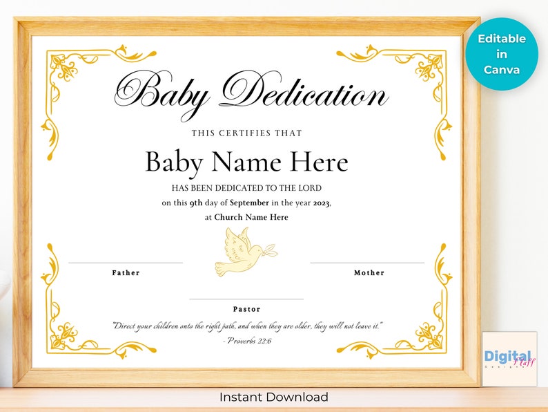 Baby Dedication Certificate Editable Canva Template - Etsy