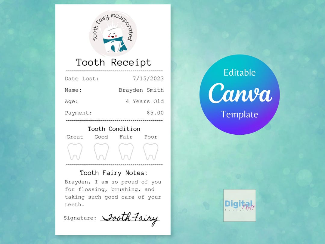 Tooth Fairy Receipt Template Editable in Canva | Instant Digital ...