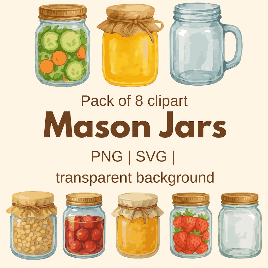 Colorful Mason Jars Clipart Bundle - PNG & SVG Watercolor Illustrations ...