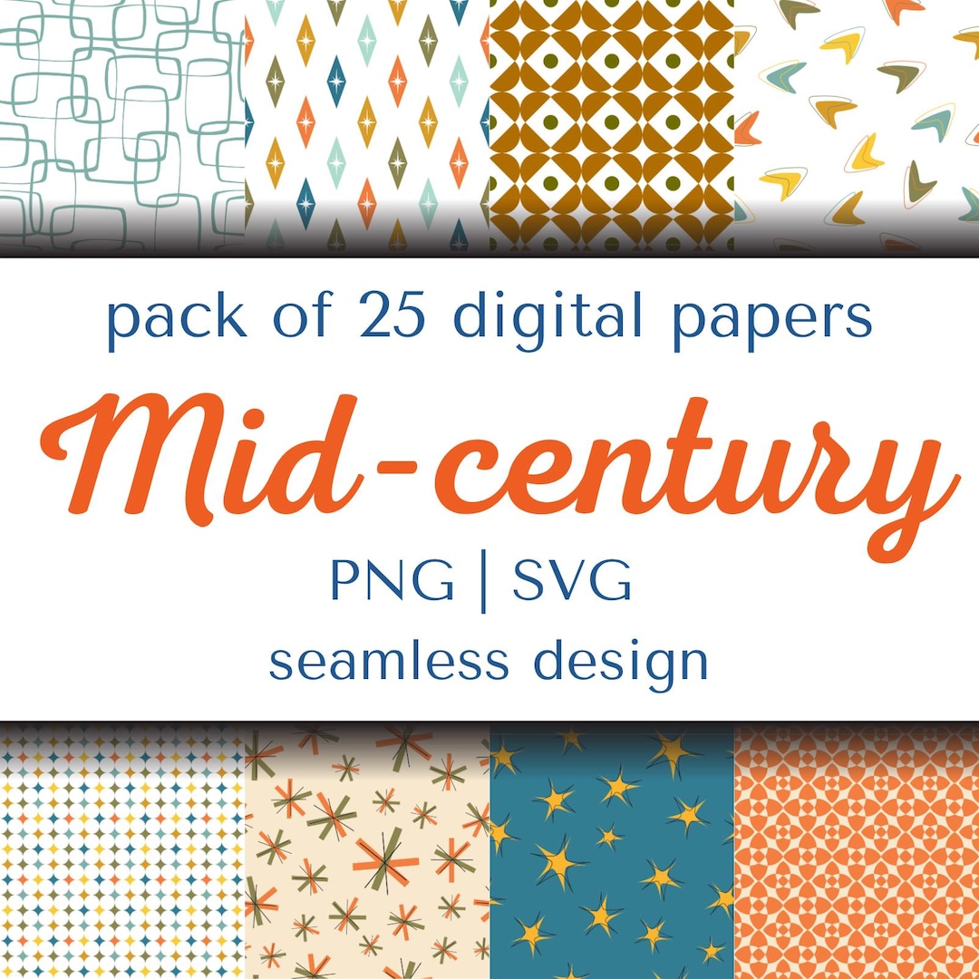 Mid Century Retro Seamless Patterns Bundle, 25 Vintage Digital Papers ...