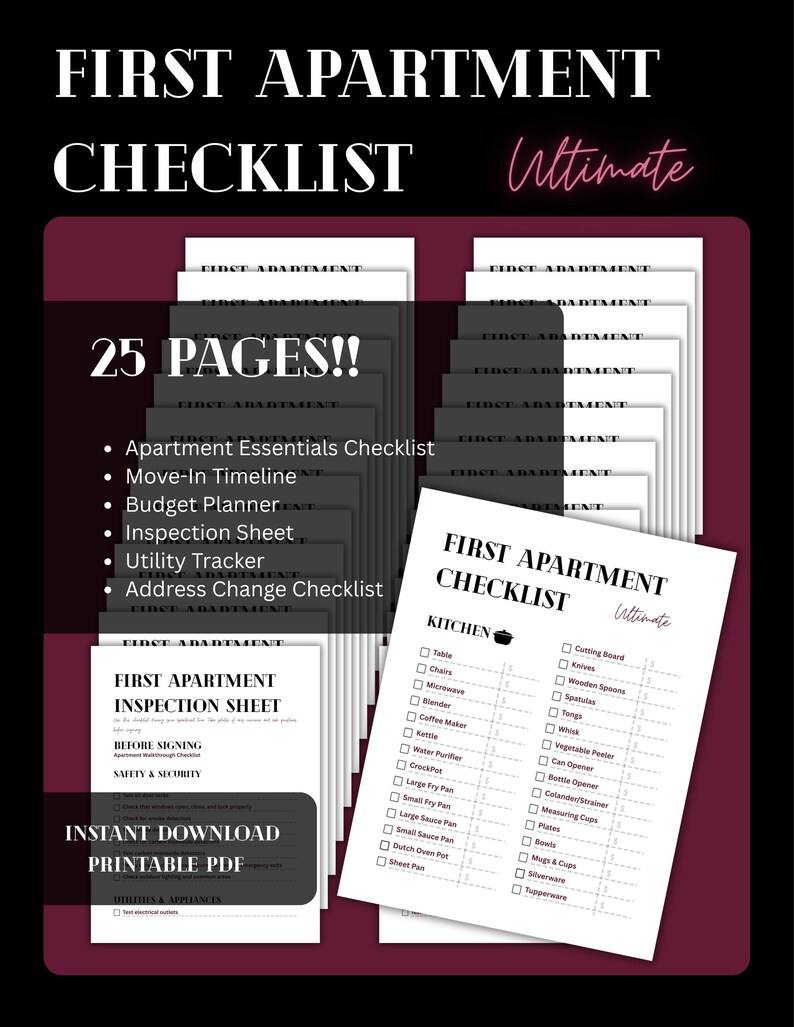 First Apartment Checklist Bundle | Move-in, Budget, Inspection, Guide ...