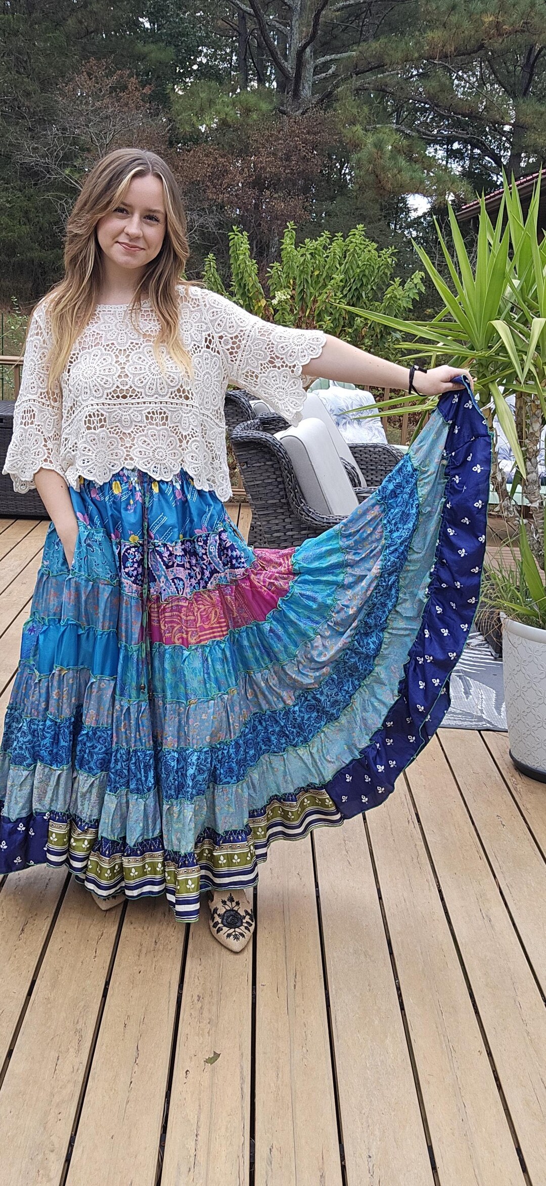 Boho Gypsy Hippie Patchwork Maxi Skirt With Side Pockets One Size S to ...