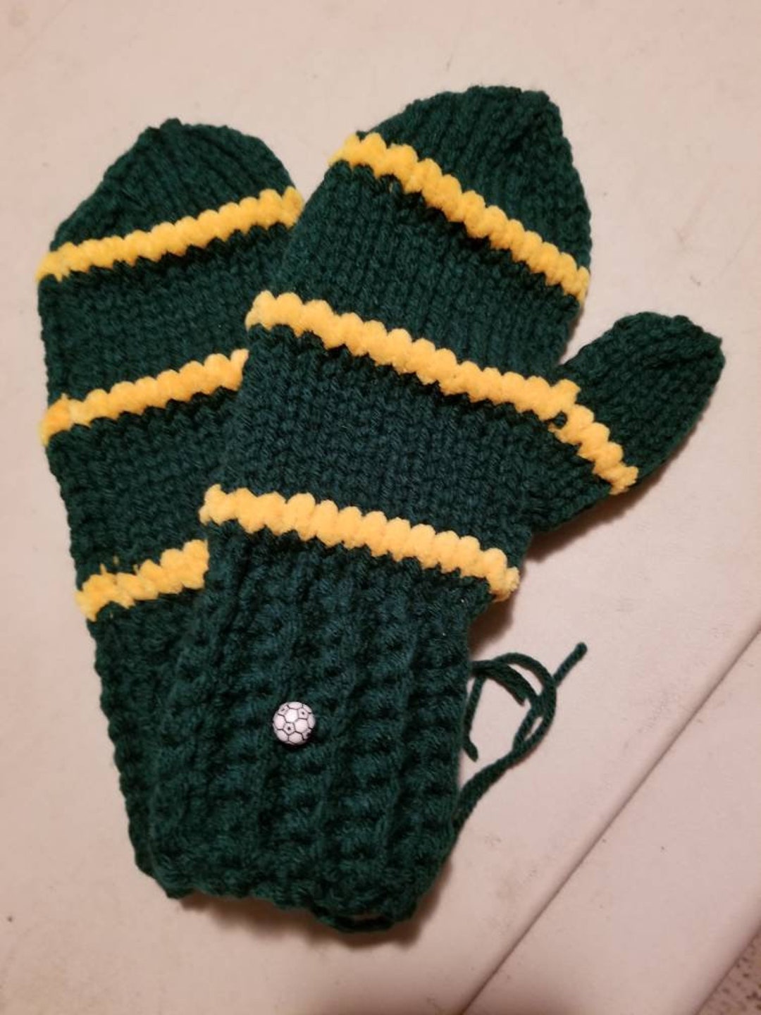 Thick Hand Knit Mittens in Green and Gold Custom Knit Mittens Soccer ...