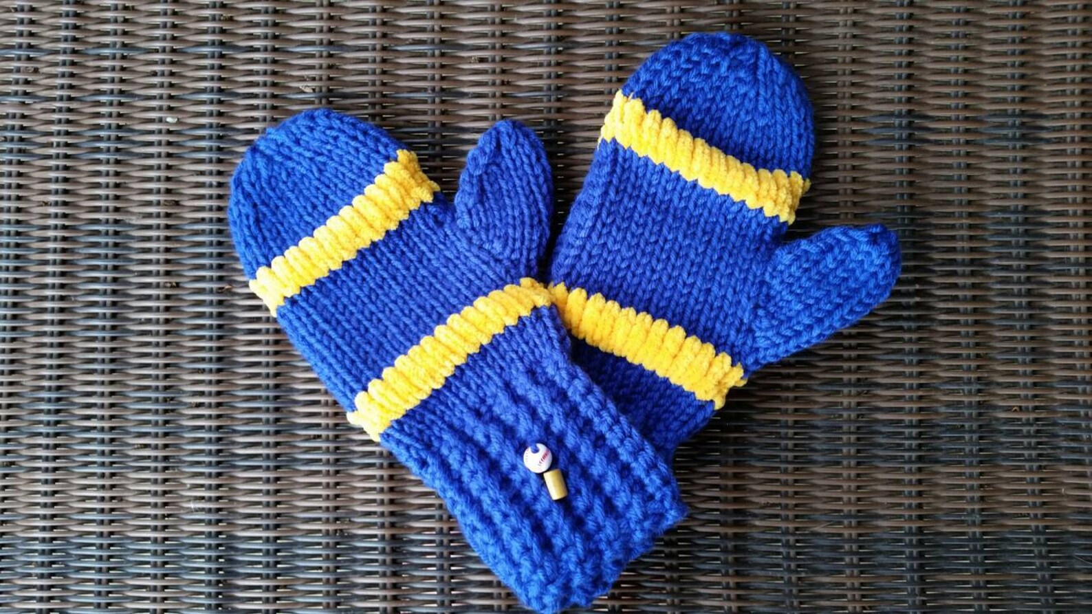 Thick Hand Knit Mittens in Blue and Yellow Brewers Mittens - Etsy
