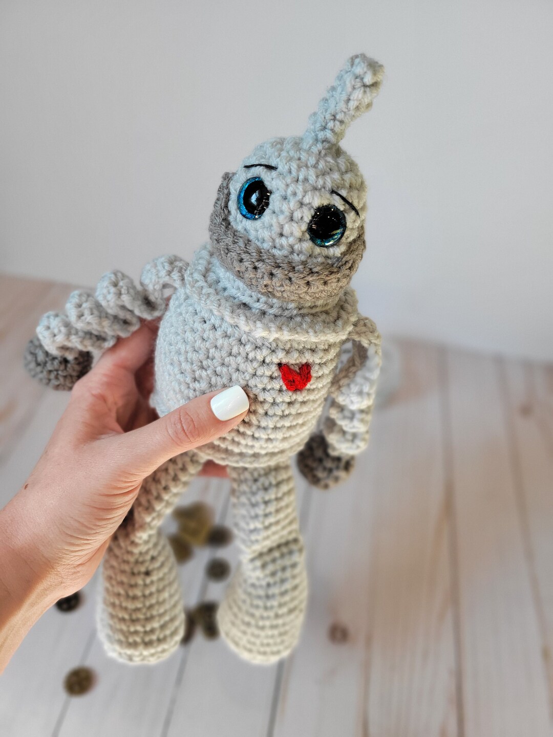 Handmade Silver Robot Stuffed Animal / Shabby Robot Stuffed Toy / Crochet Robot Doll / Space ...