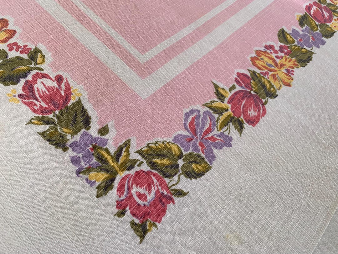 Vintage Simtex Tablecloth, Pastel Pink With Floral Border, Tulips ...