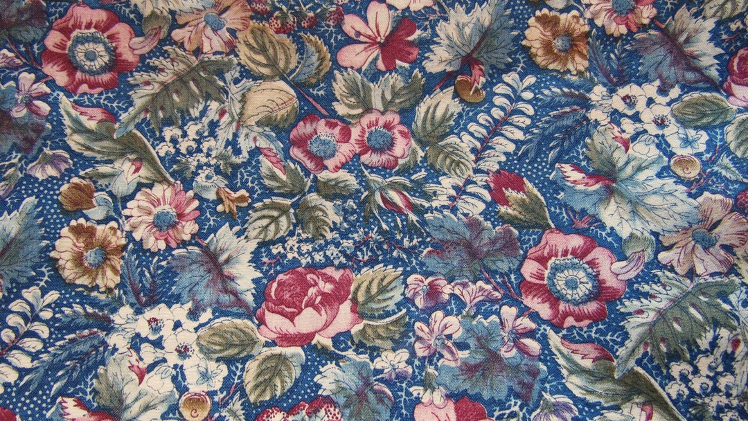 Blue Joan Kessler Floral Print Vintage Cotton Fabric 44/45 Wide by 1 2/ ...
