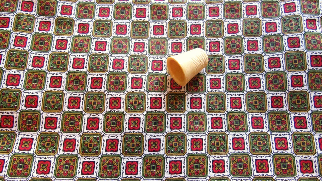 Rust and Green Geometric Floral Vintage Cotton Fabric 36 Wide by the ...