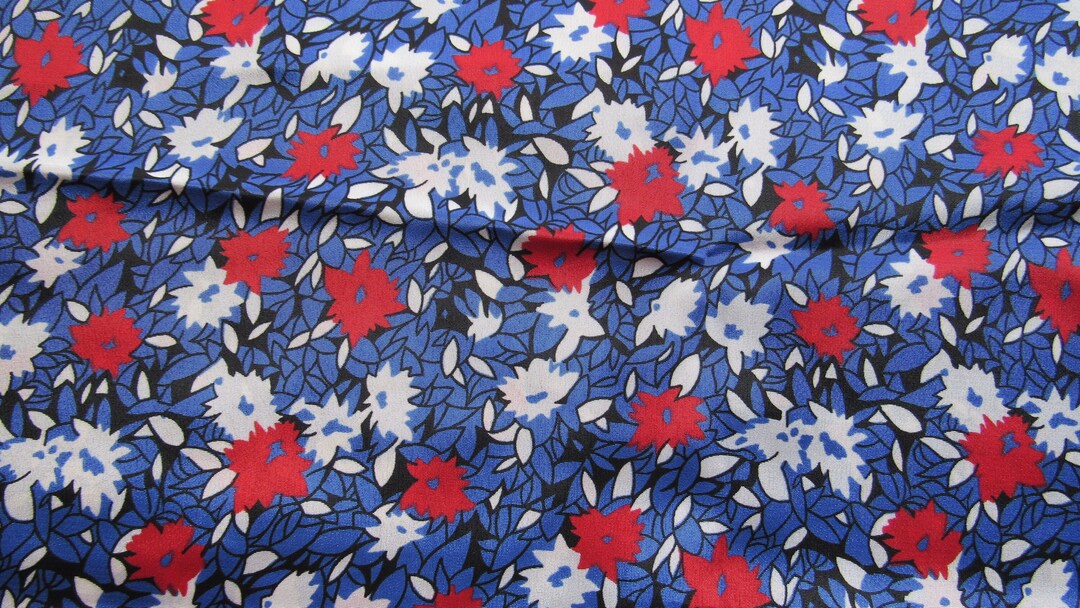 Red, White and Blue Floral Print Vintage Polyester Faille Fabric 45 ...