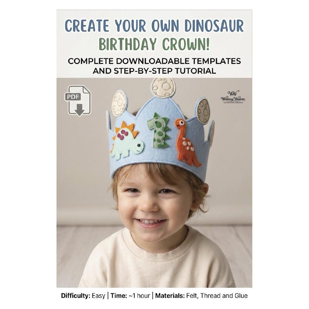 Dinosaur Birthday Crown PDF Pattern, DIY Felt Hat Template (digital ...