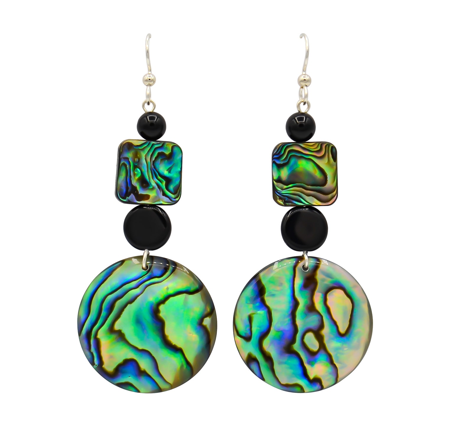 Abalone, Paua Shell, Black Onyx, and Sterling Silver Dangle Earrings by ...