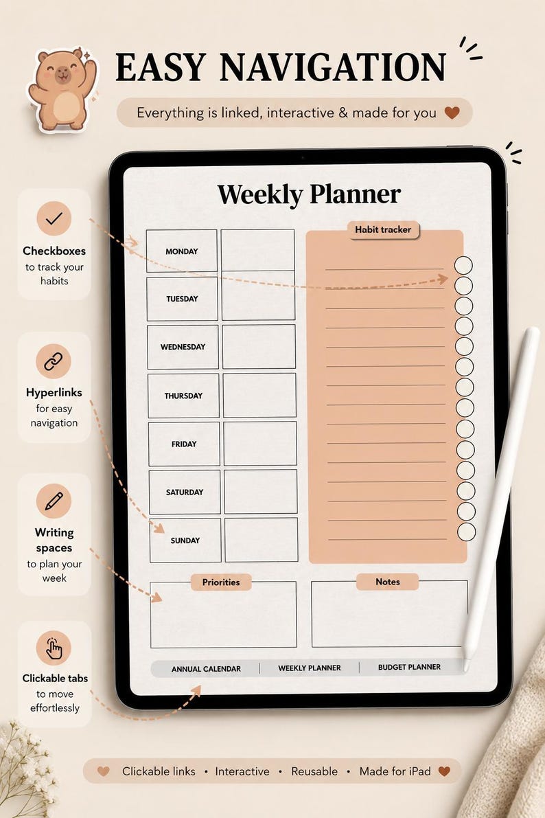 Cute Capybara Digital Planner for Goodnotes | Weekly and Monthly ...