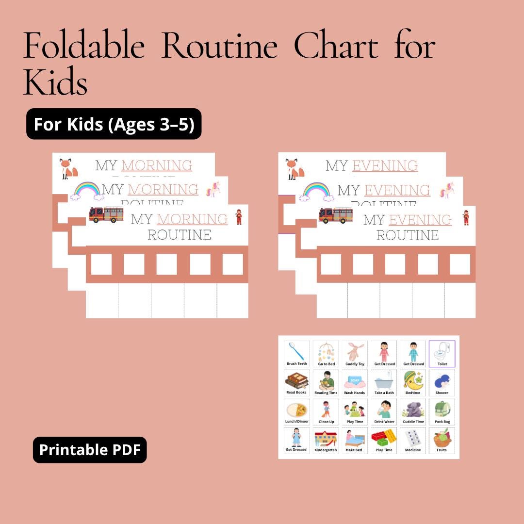 Foldable Kids Routine Chart, Morning Evening Visual Schedule (printable ...