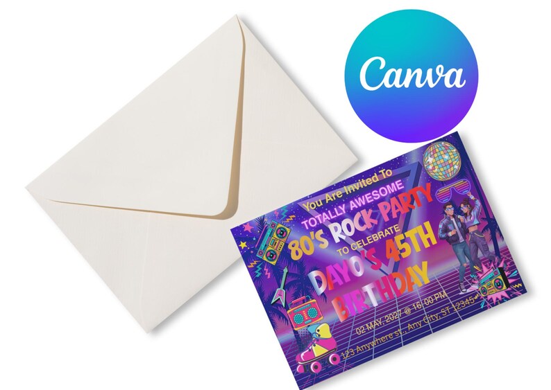 Editable 80s Retro Birthday Invitation, Neon Eighties Throwback Party ...