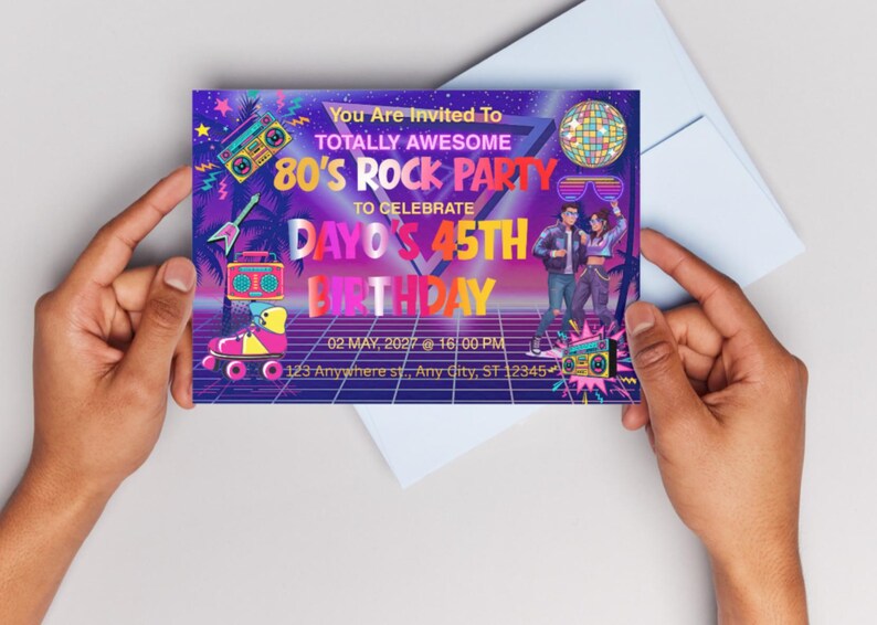 Editable 80s Retro Birthday Invitation, Neon Eighties Throwback Party ...