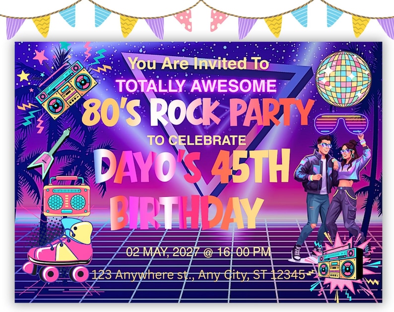 Editable 80s Retro Birthday Invitation, Neon Eighties Throwback Party ...