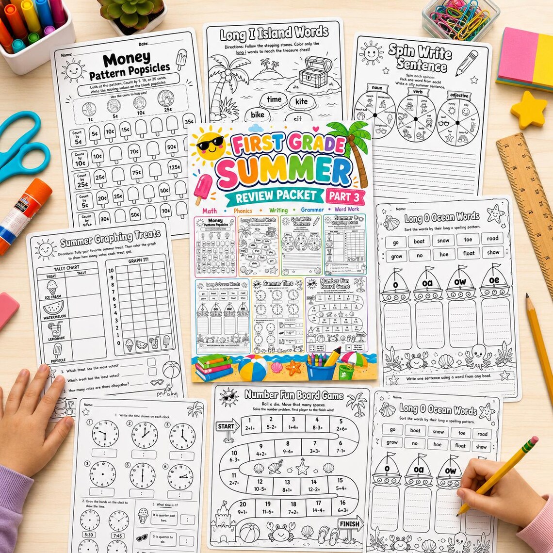 1st Grade Summer Review Worksheets Bundle Math Grammar Writing Phonics ...