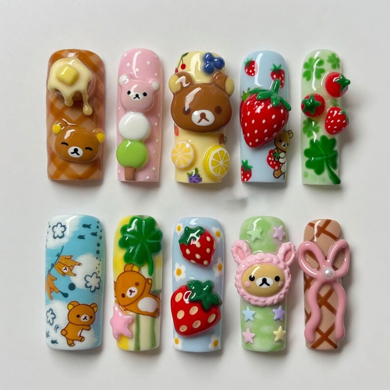 Kawaii Rilakkuma Press On Nails 3d Strawberry Nails Cute Bear Dango