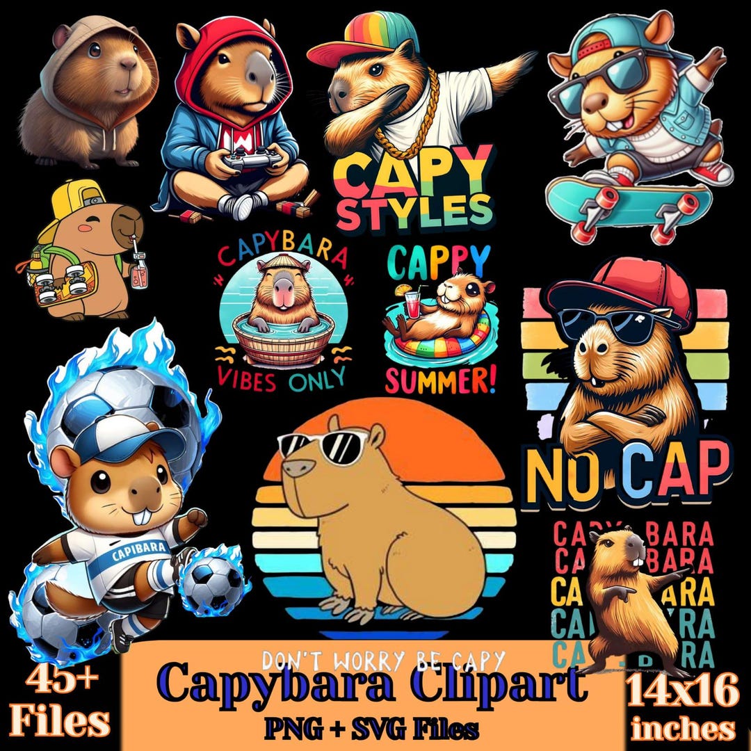 Capybara Clipart Bundle | Cartoon Animal PNG SVG Files Digital Download ...