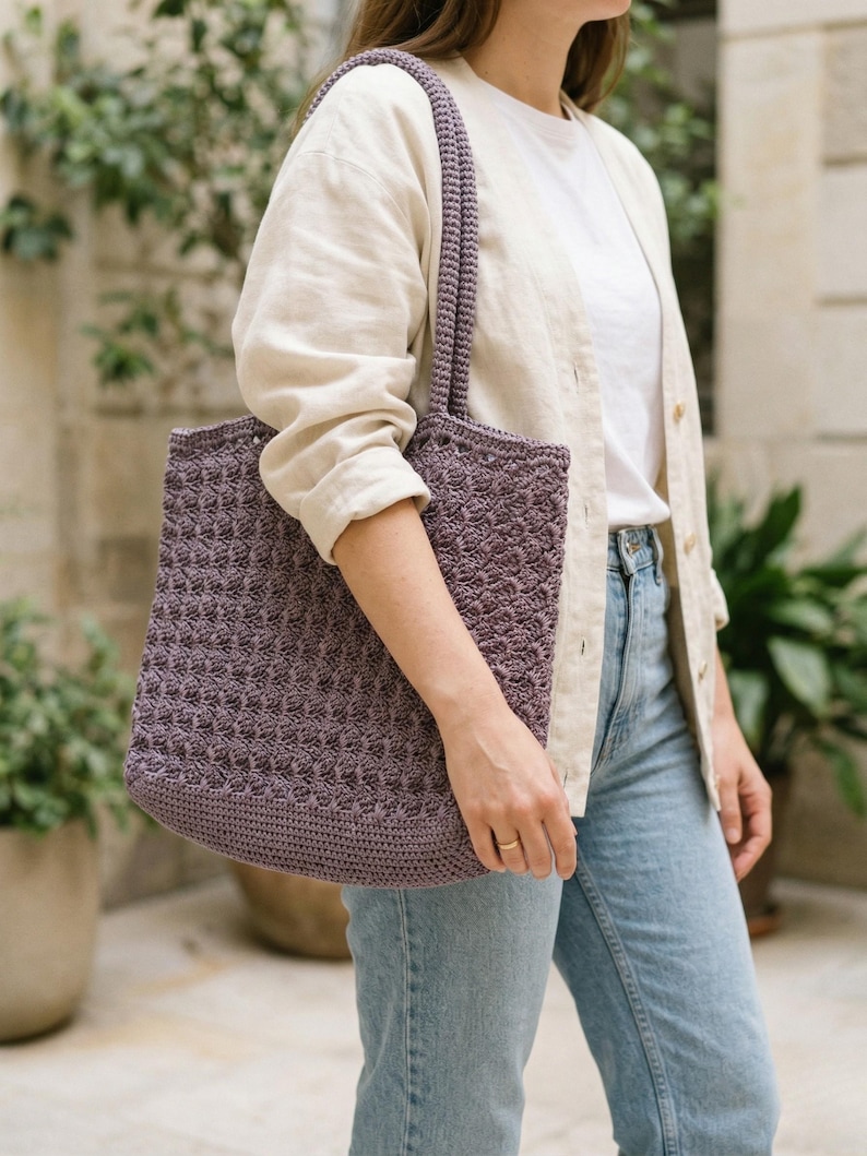 Lavender Crochet Tote Bag, Lined Boho Shoulder Bag, Summer Beach Purse ...