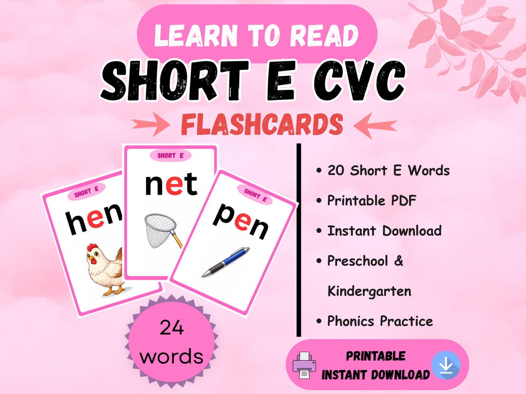 Short E CVC Flashcards, 20 Phonics Reading Practice (printable PDF) - Etsy