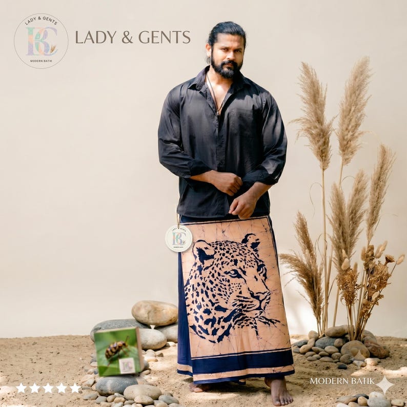 Men's Batik Sarong Lungi | Handmade Leopard Print Beach Wrap, Boho ...