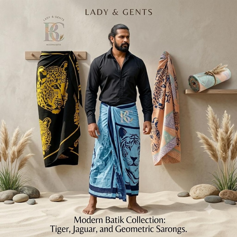 Men's Batik Sarong Lungi | Handmade Leopard Print Beach Wrap, Boho ...