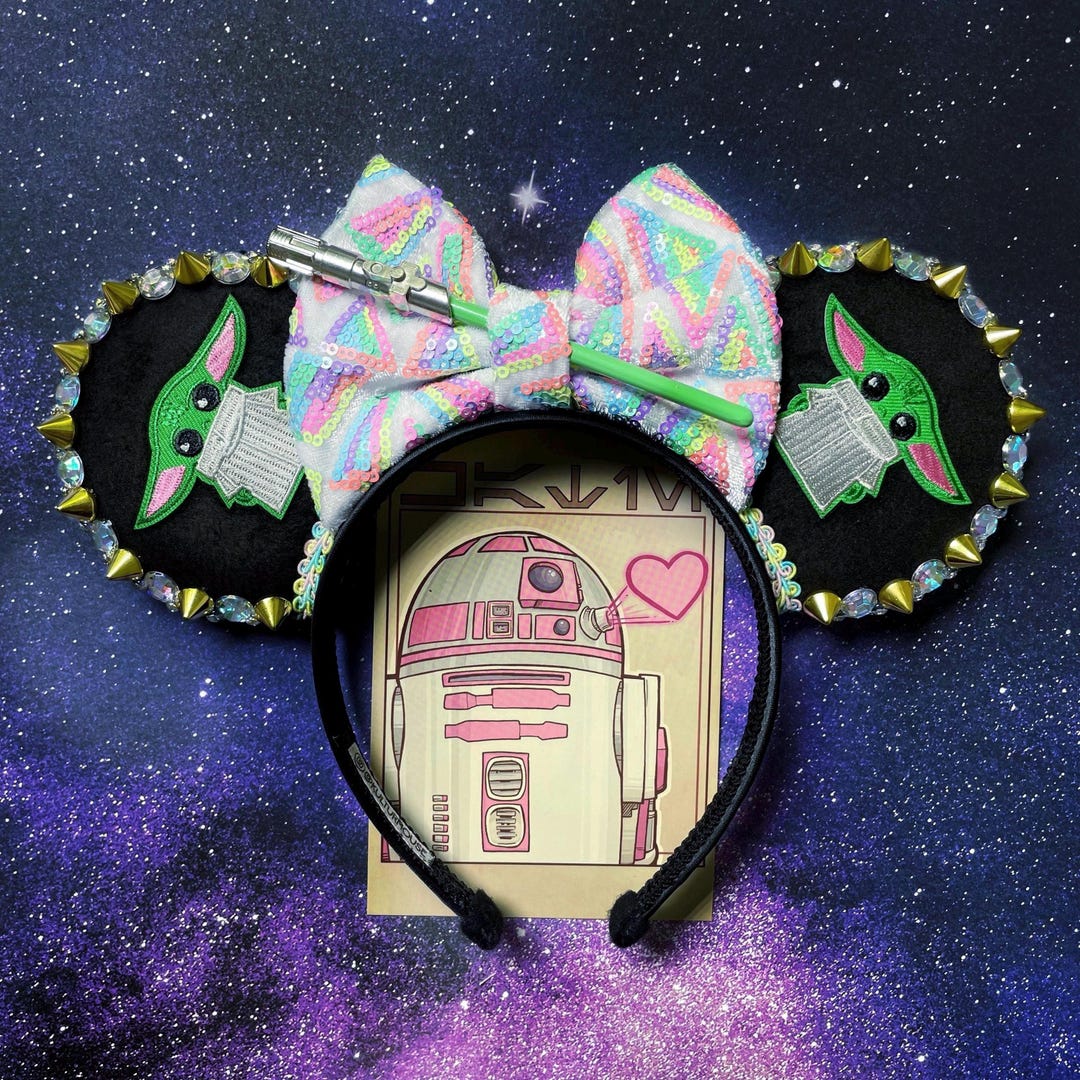 90s Baby Yoda Grogu Inspired Green Light Saber Mouse Ears Headband Star ...