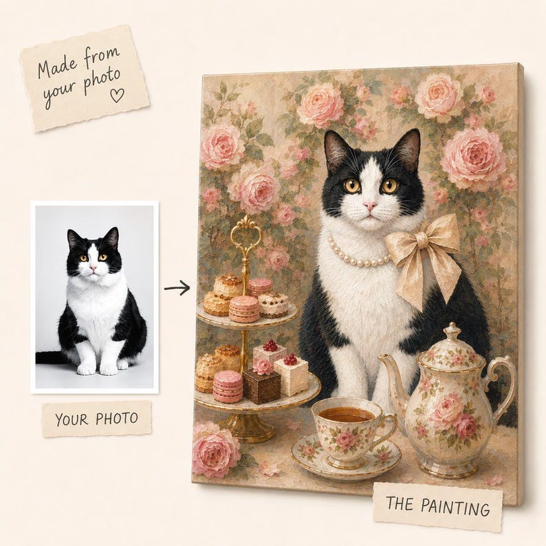 Custom Pet Oil Painting, Hand-painted Tea Party Portrait, Framed Canvas ...