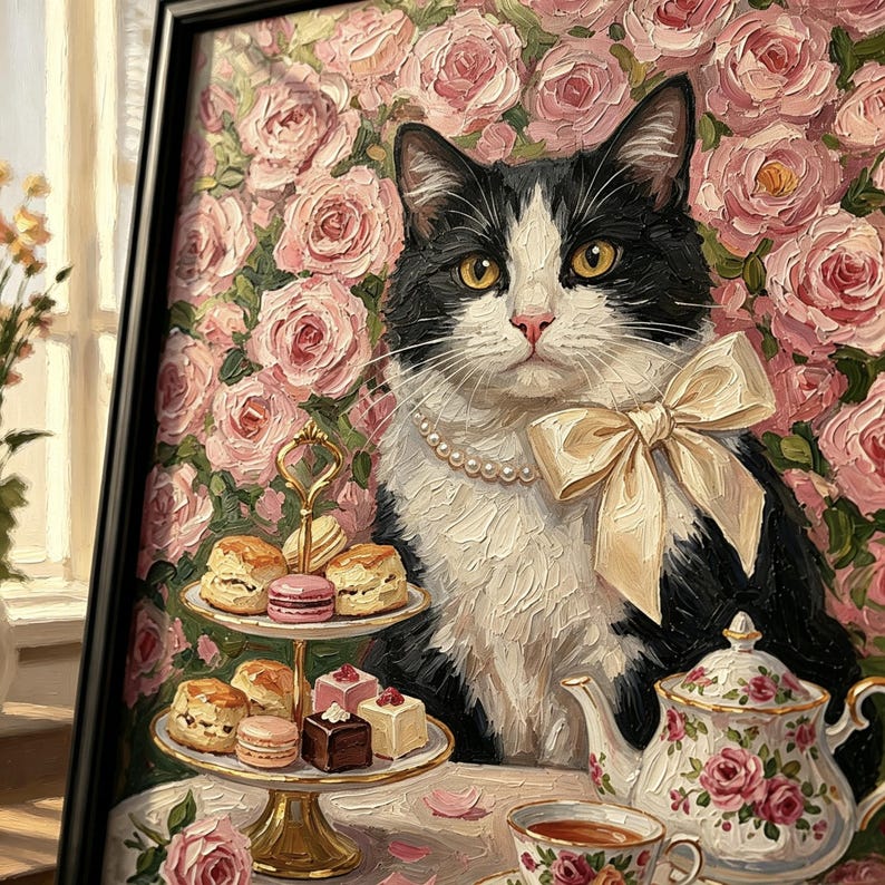 Custom Pet Oil Painting, Hand-painted Tea Party Portrait, Framed Canvas ...