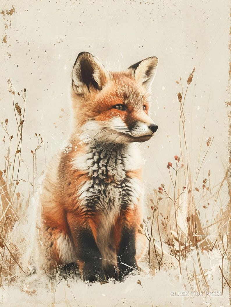Sumi-e Baby Fox Nursery Print | Digital Download | High Resolution ...