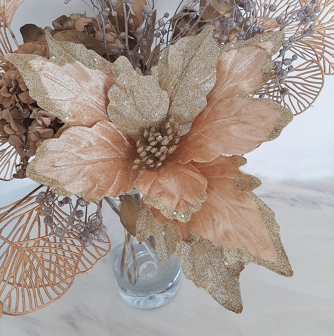 Christmas Gold Glitter Poinsettia Faux Flower Stalk-red Glitter ...